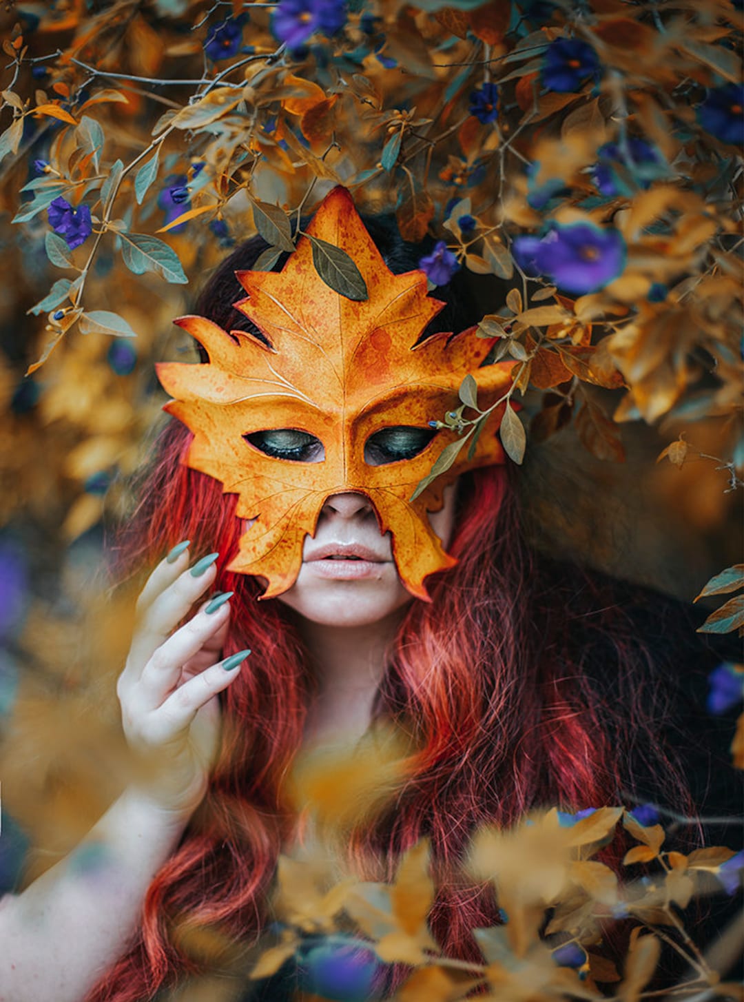Leather Mask Druid Leaf Maple Autumn Natural Wiccan Masquerade Green ...