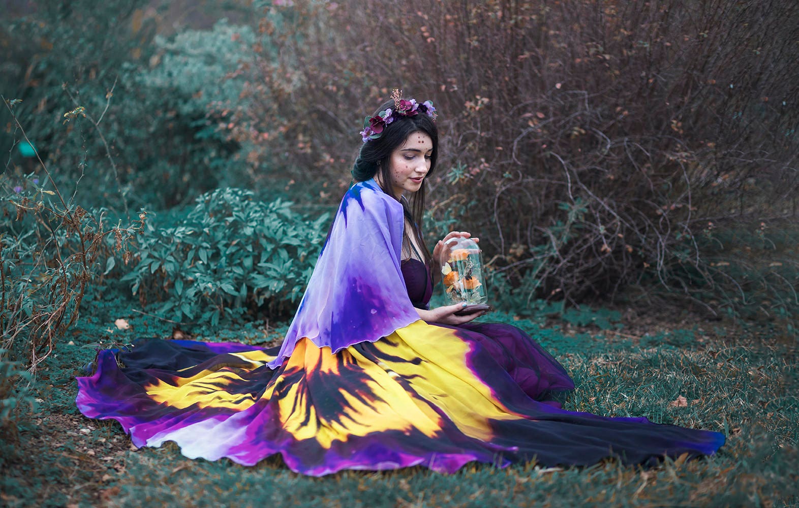 Flower Cape Floral Cloak Pansy Scarf Shawl Purple and Yellow Poncho ...