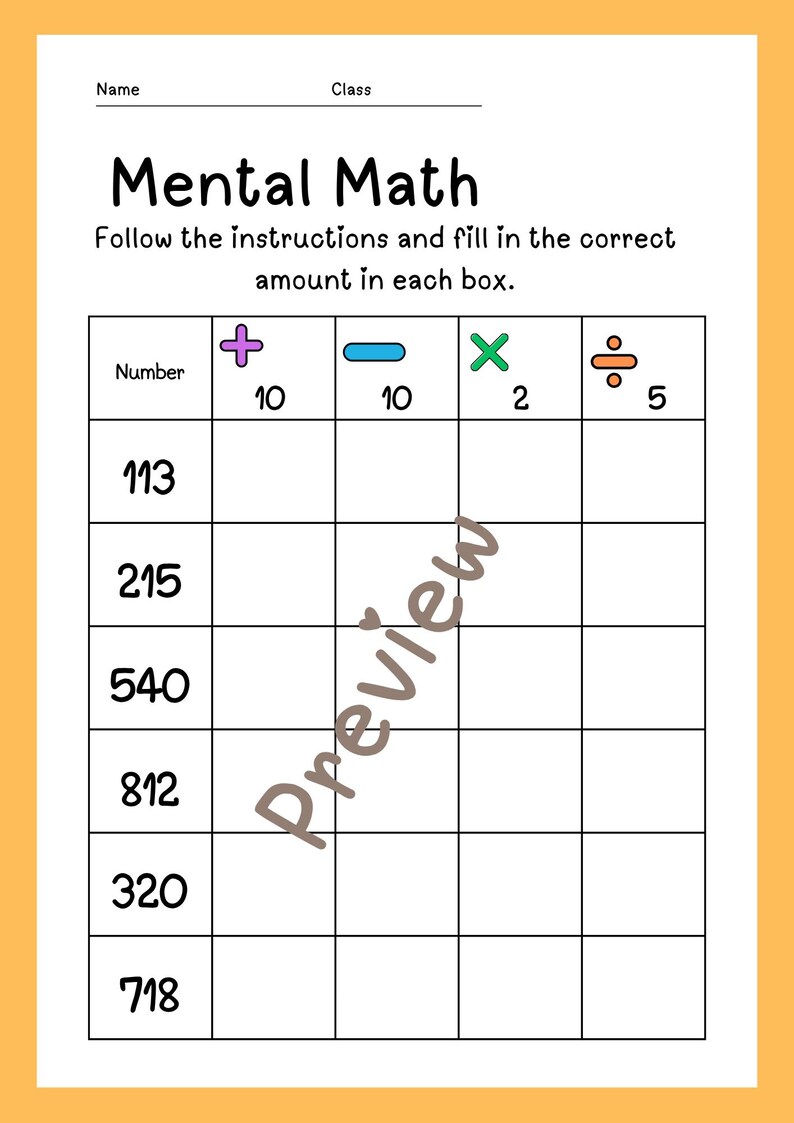 Mental Math Practice Worksheets – Addition, Subtraction, Multiplication, Division - Etsy
