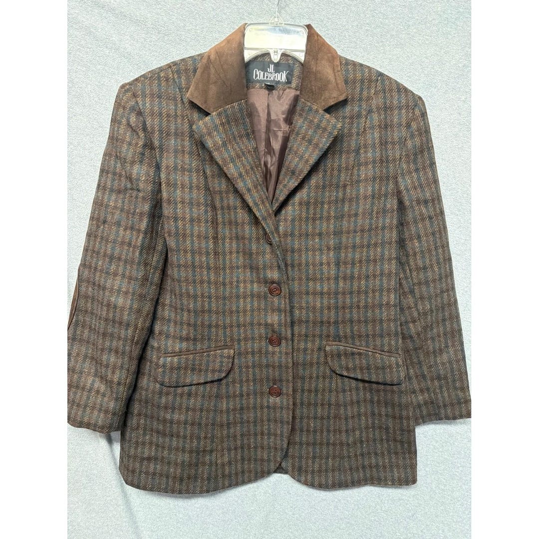 VTG JL Colebrook Plaid Blazer Jacket Suede Elbow Patches Collar Women's ...