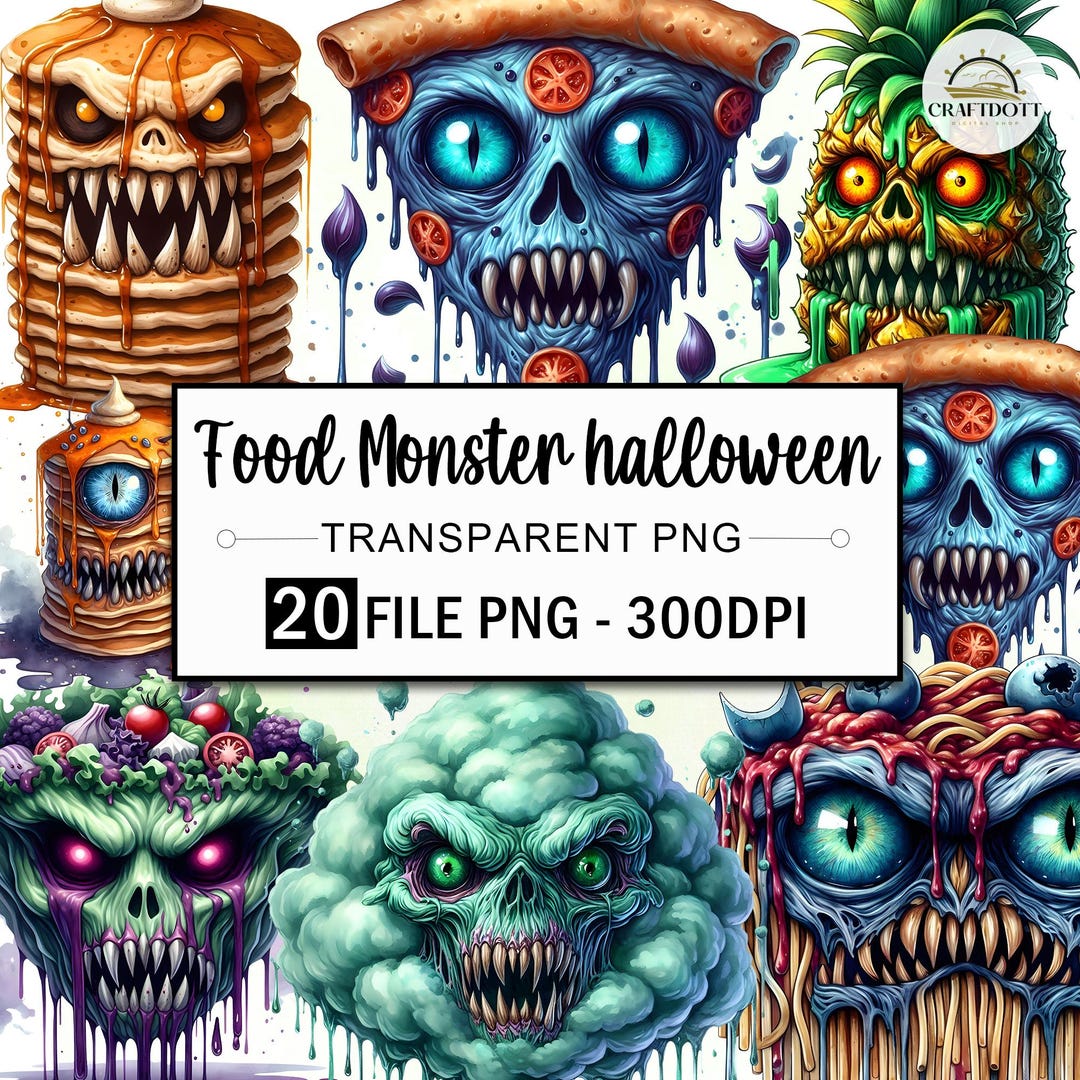 Monster Faces Clipart Bundle, Food Monster Png, Retro Haloween Clipart ...