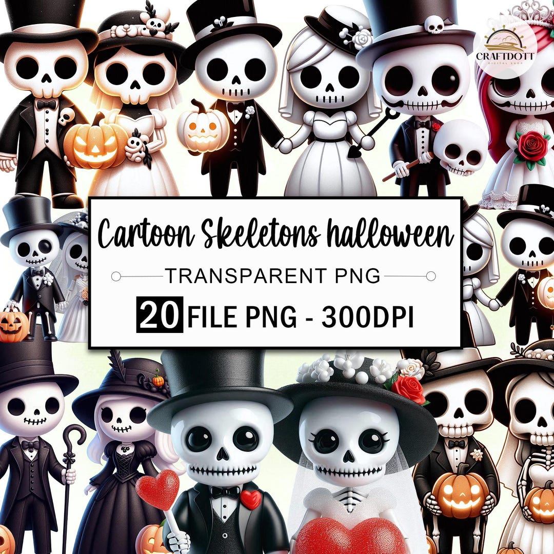 Adorable Clipart Bundle, Cartoon Skeletons Png, Spooky Clipart, Cute ...