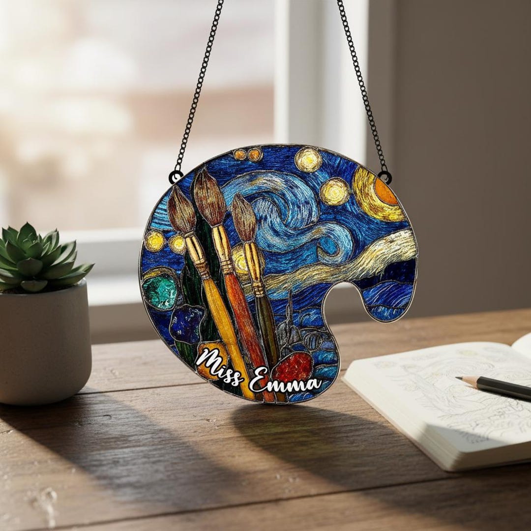 Van Gogh Starry Night Paint Palette Suncatcher, Faux Stained Glass ...