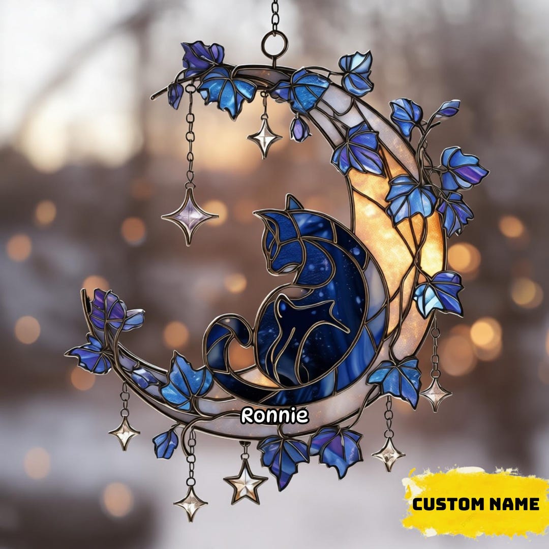 Blue Moon Cat Faux Stained Glass Suncatcher, Winter Window Hanging ...