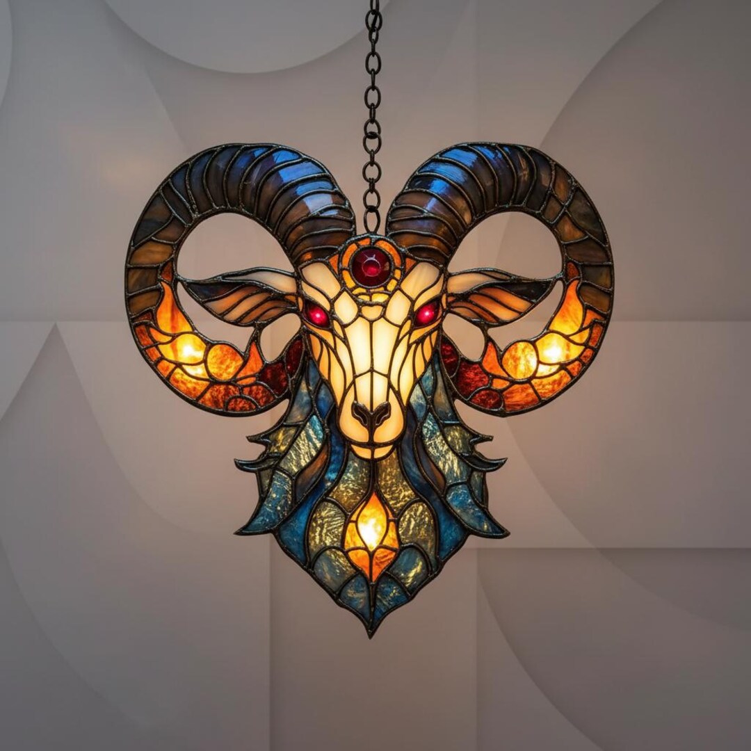 Aries Ram Head Acrylic Suncatcher | Vintage Look Faux Stained Glass ...
