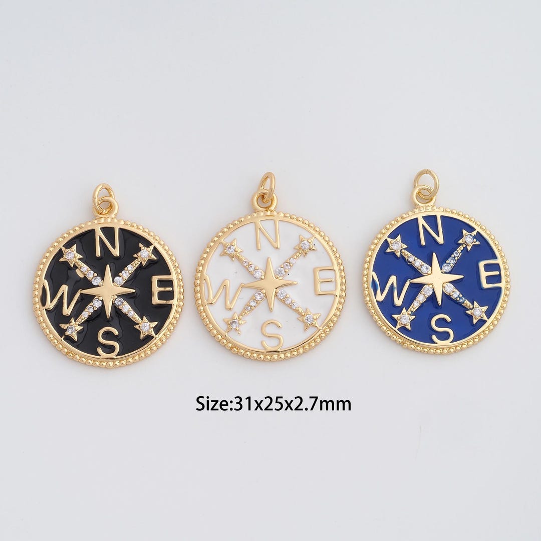 Gold Enamel Compass Pendant,18k Gold Filled Direction Charms,micropavé ...