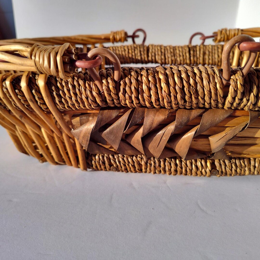 Vintage Unique Large Oval Basket Light and Dark Wood Woven 17" Across 4 ...