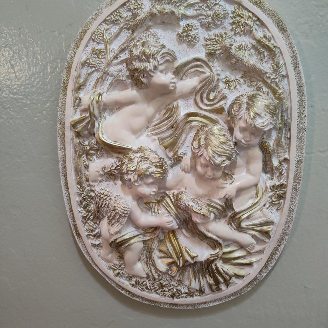 Vintage 3D Pottery Cherubs: Light Pink & Gold Gilded Decor 12" Tall 8 1 ...