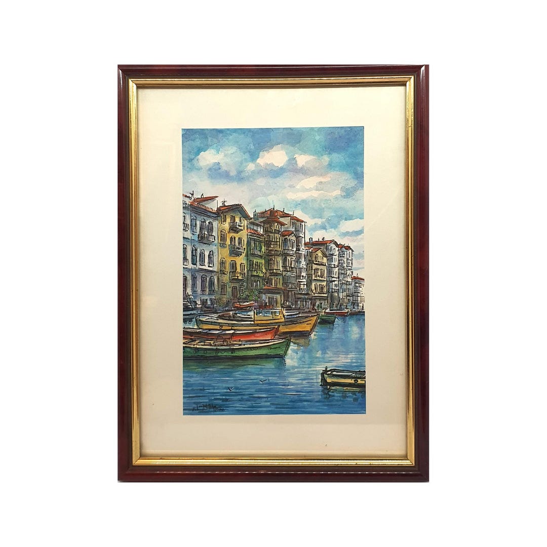 Original Watercolor Painting – Istanbul Bosphorus Scene With Wooden ...