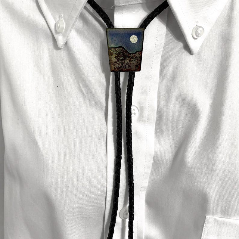 Desert Moon Bolo Tie: Copper Enamel Mountain Ridge Beneath a Fine ...