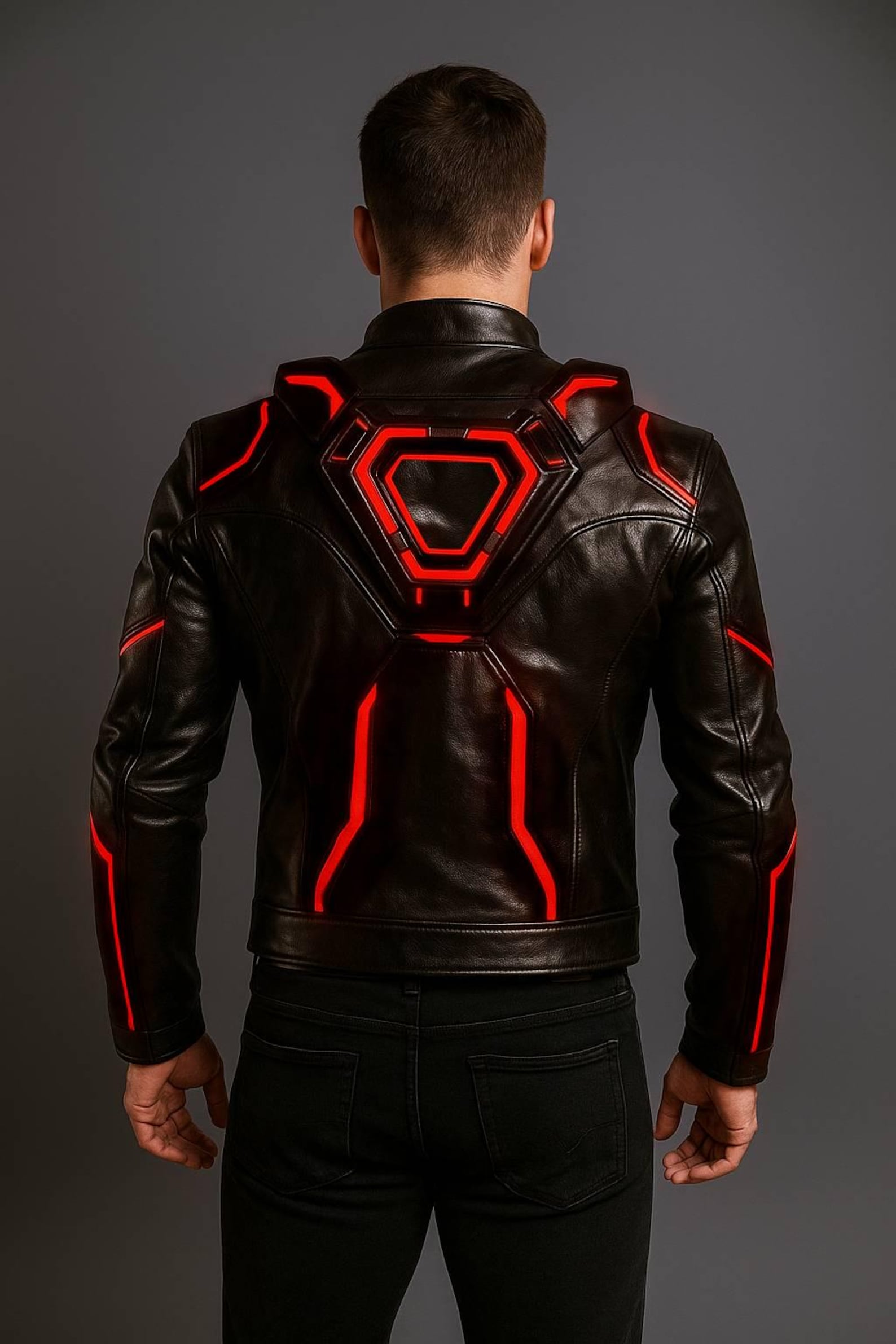 Handmade Customized Tron Ares Inspired Leather Jacket: Red Stripe Sci ...
