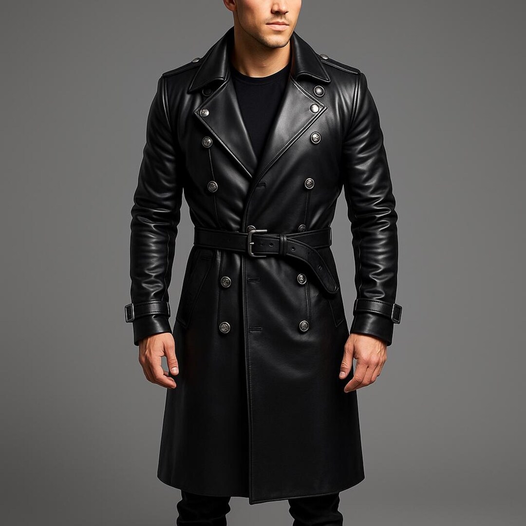 Men’s Black Leather Trench Coat – Full-length Double-breasted Military ...
