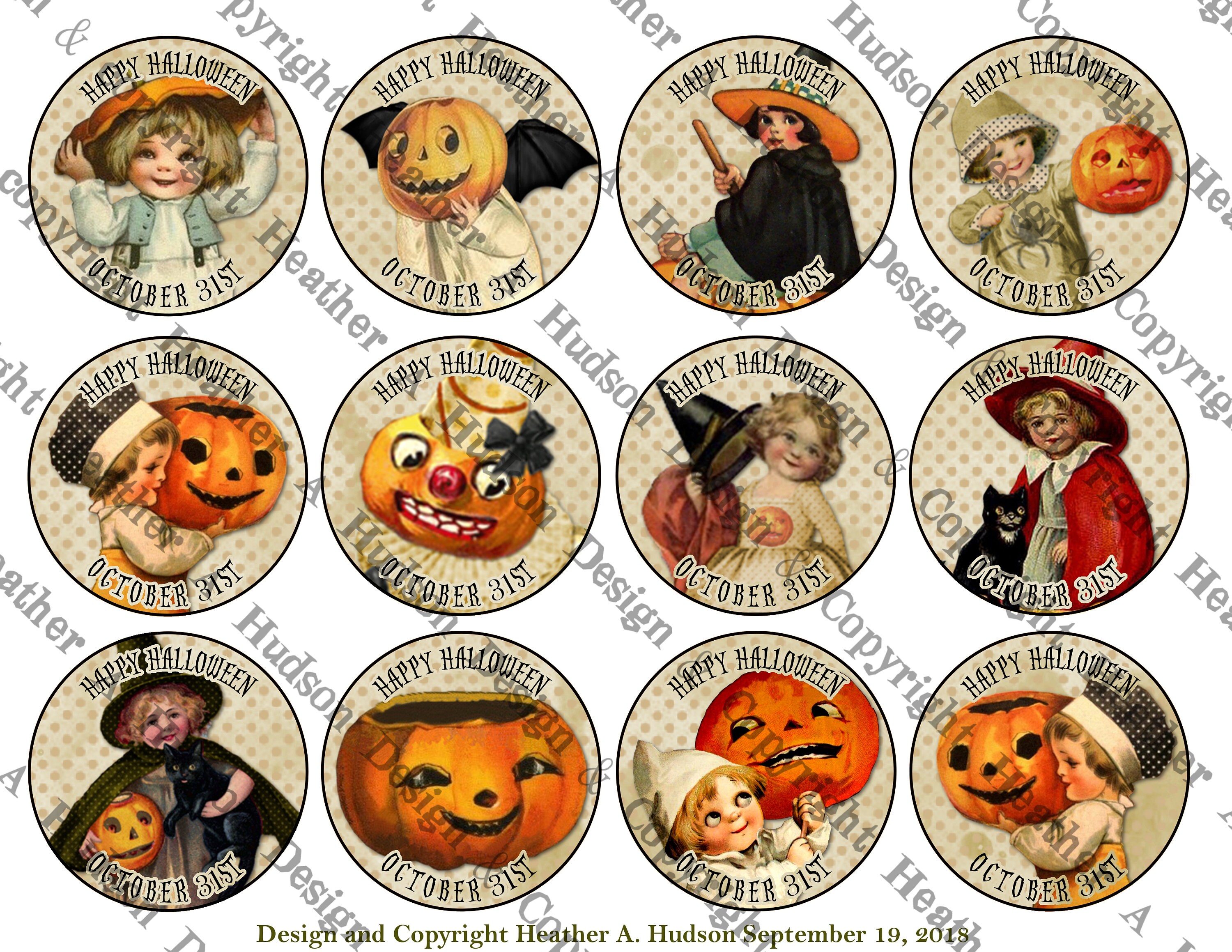 Vintage Halloween Circle Cupcake Topper Cream Witch Pumpkin Cute ...