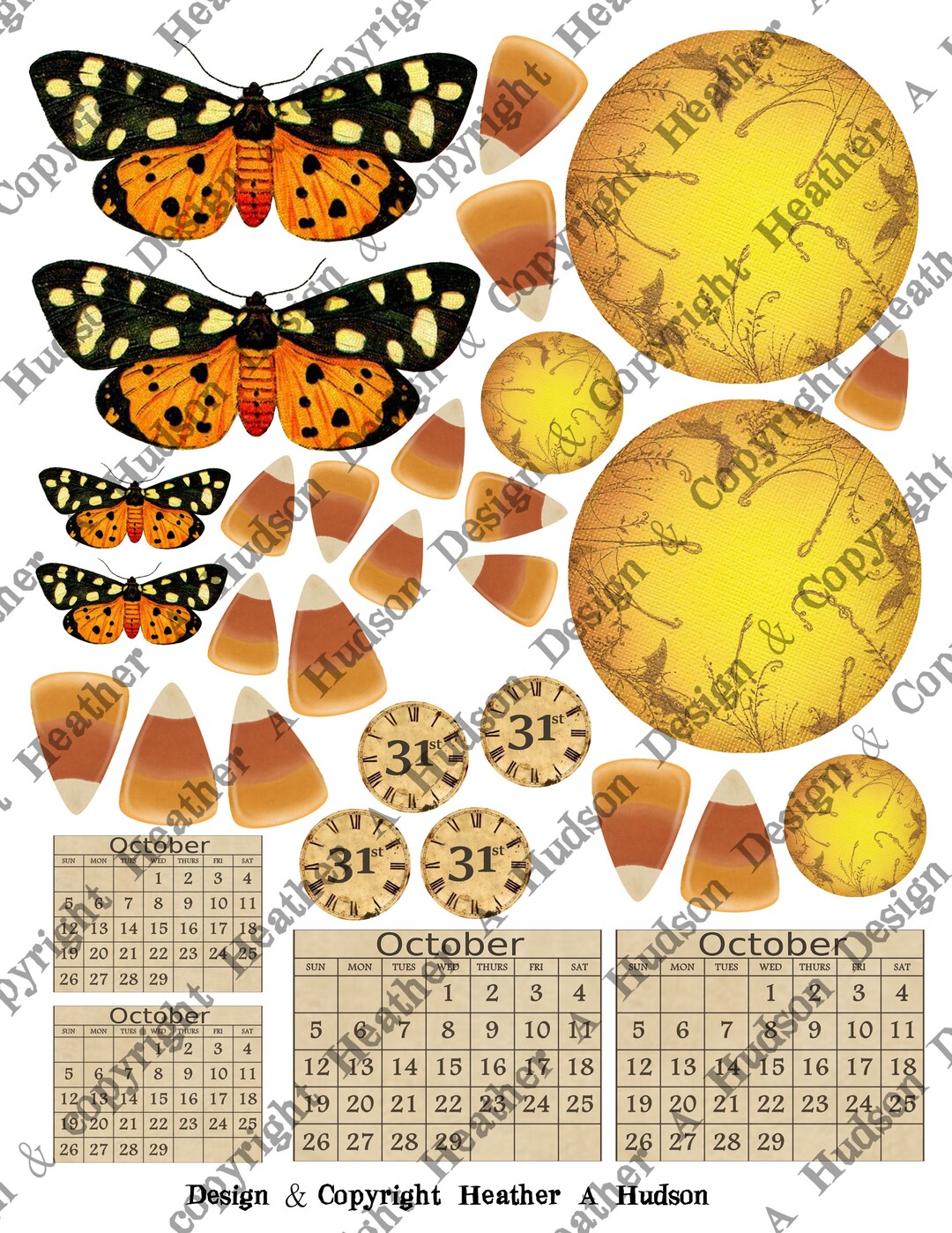 Vintage Halloween Butterfly Calendar Candy Corn Pumpkin Moon ...