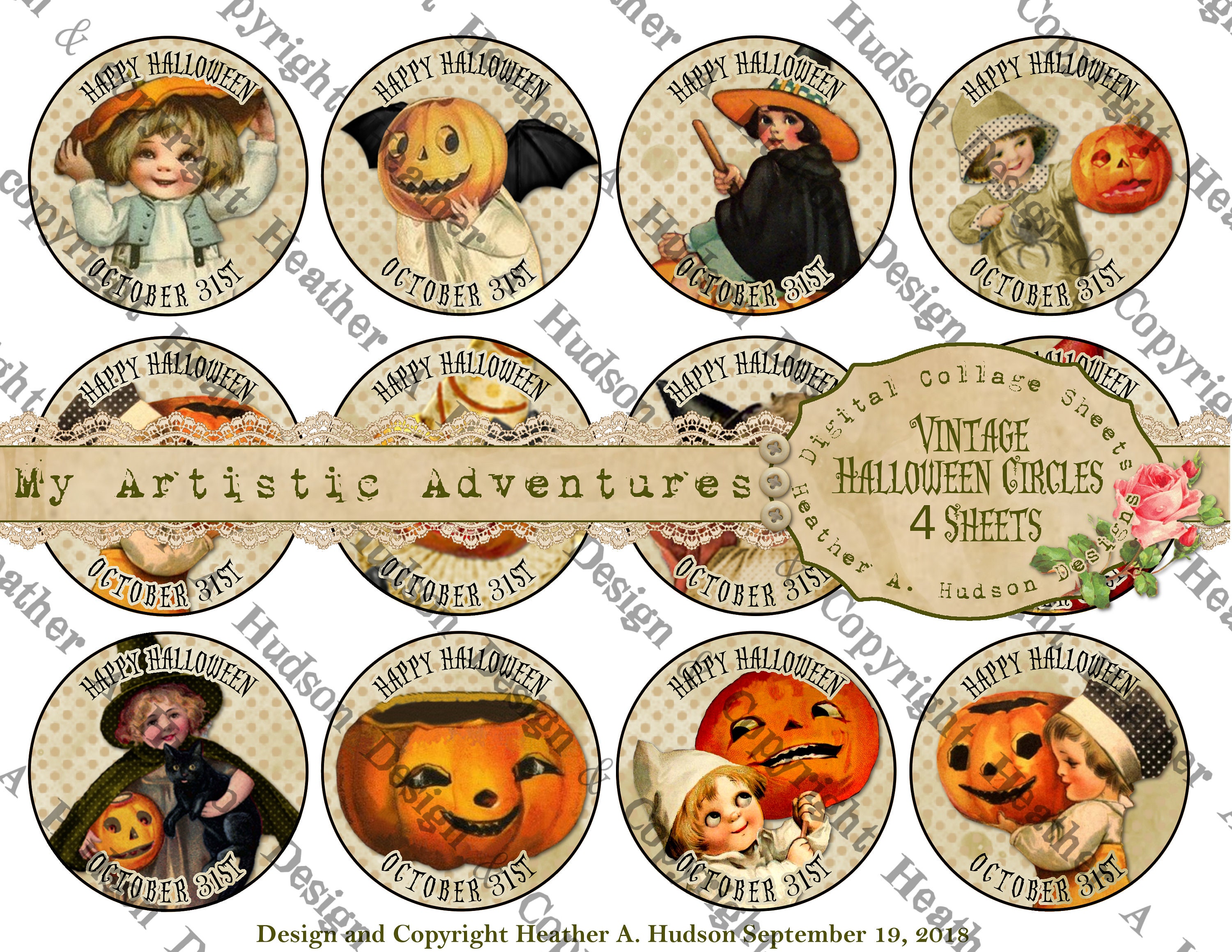 Vintage Halloween Circle Cupcake Topper Cream Witch Pumpkin - Etsy