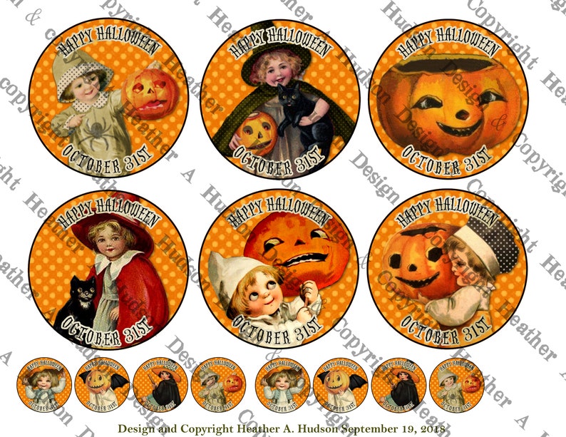Vintage Halloween Circle Cupcake Topper Orange Witch Pumpkin Cute ...
