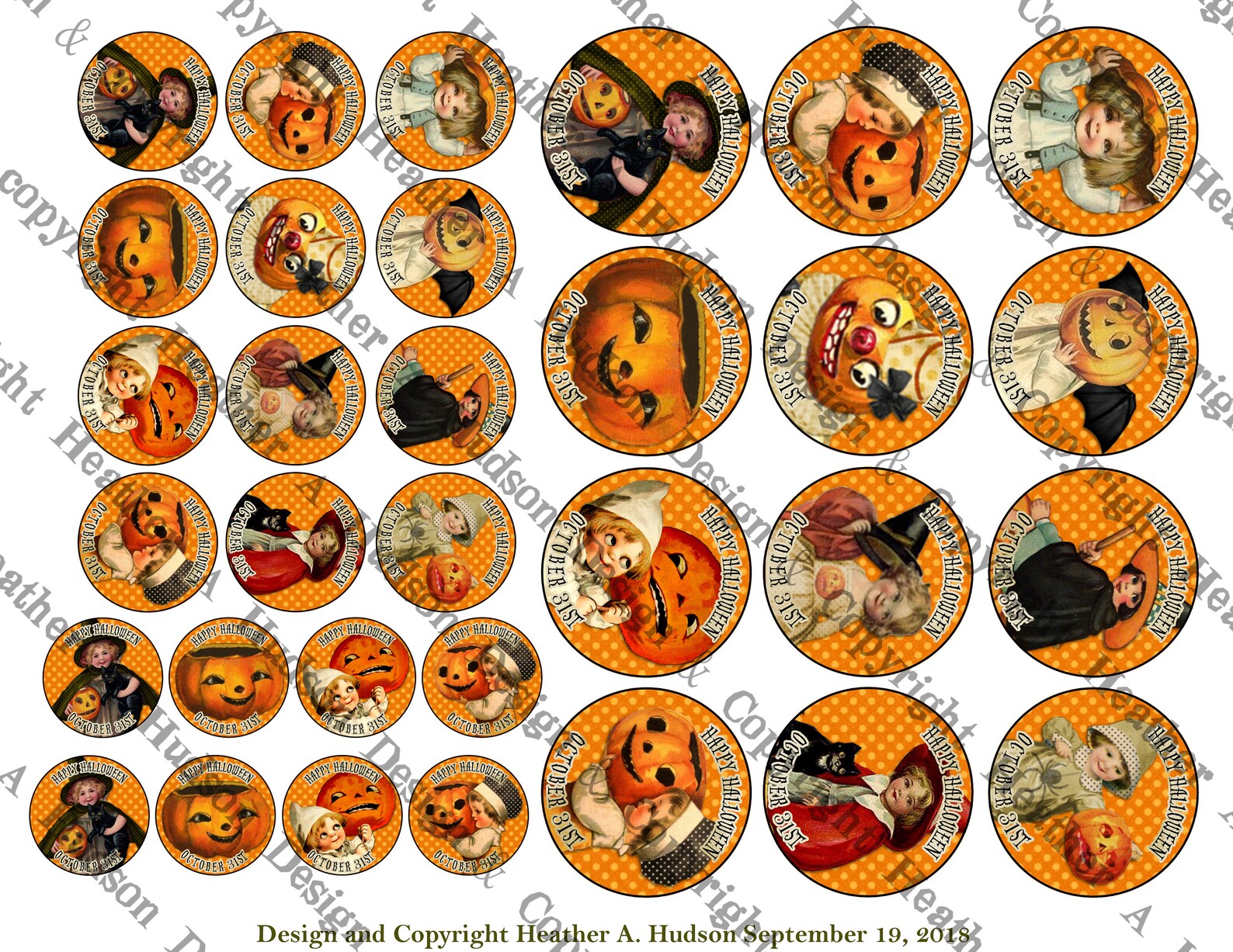 Vintage Halloween Circle Cupcake Topper Orange Witch Pumpkin Cute ...