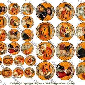 Vintage Halloween Circle Cupcake Topper Orange Witch Pumpkin Cute ...