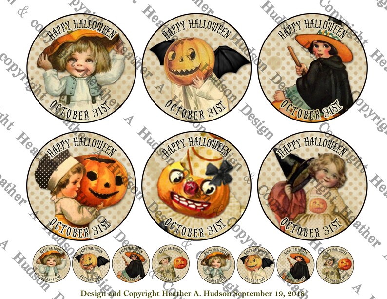 Vintage Halloween Circle Cupcake Topper Cream Witch Pumpkin Cute ...