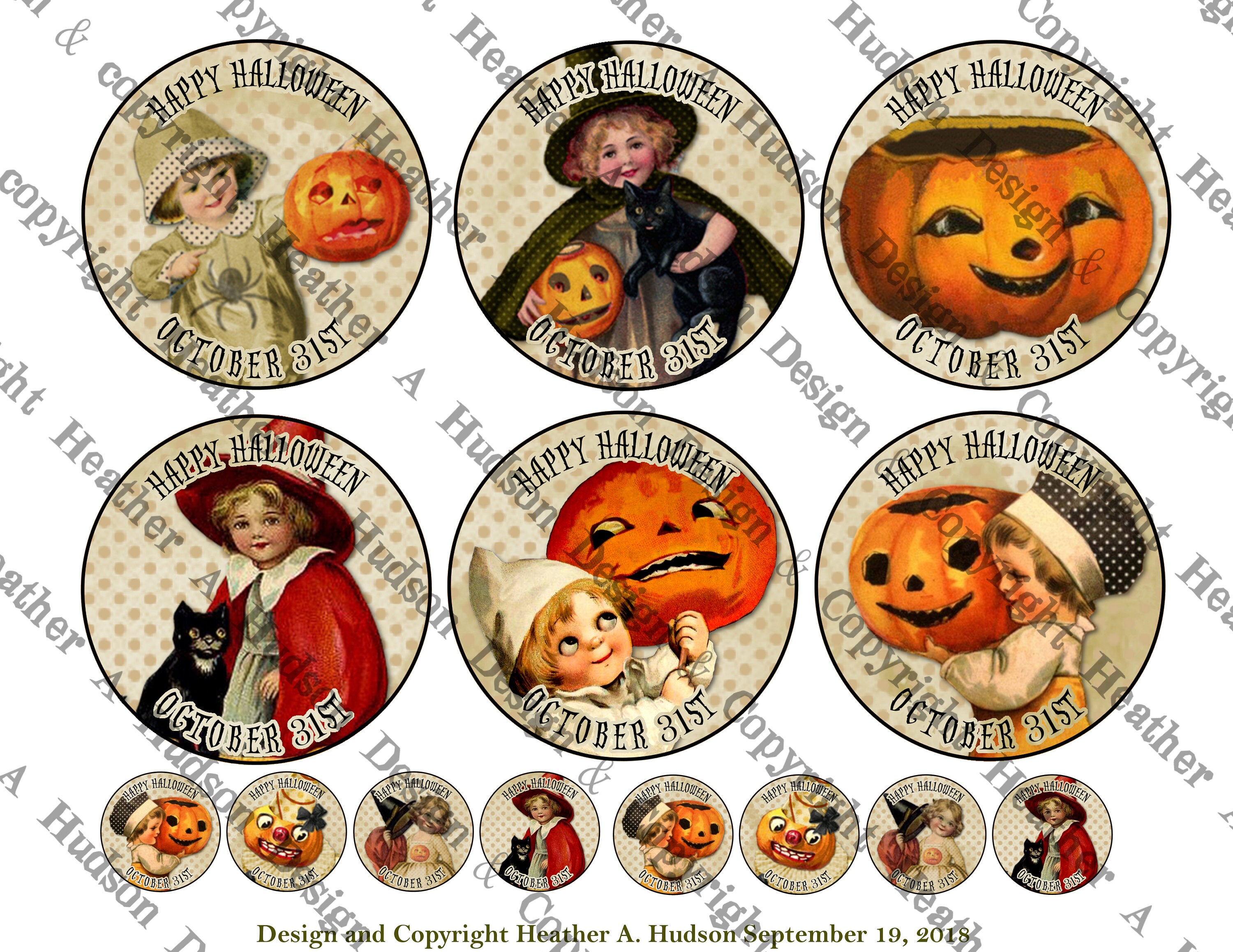 Vintage Halloween Circle Cupcake Topper Cream Witch Pumpkin Cute ...