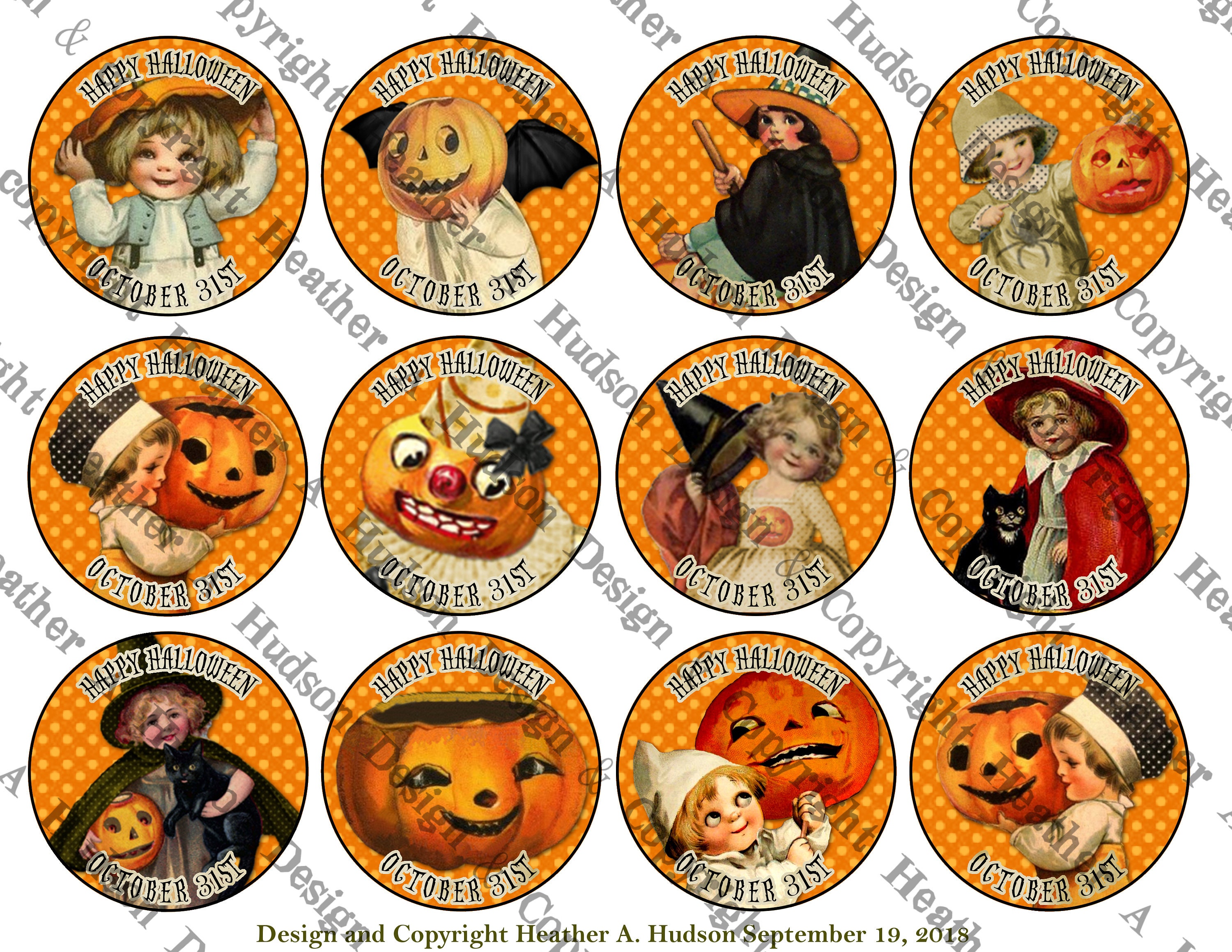 Vintage Halloween Circle Cupcake Topper Orange Witch Pumpkin Cute ...