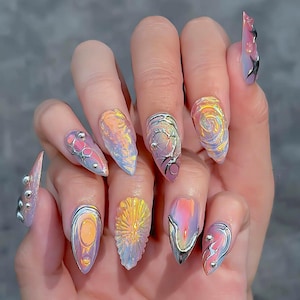Aurora Chrome Opal Press On Nails Iridescent 3d Sculpted Gel Nail Art