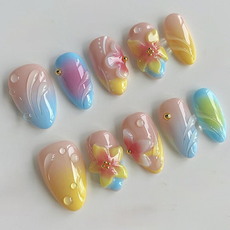 Pastel Ombre and 3D Flower Nails, Press on Nails, Summer Gradient Nails ...