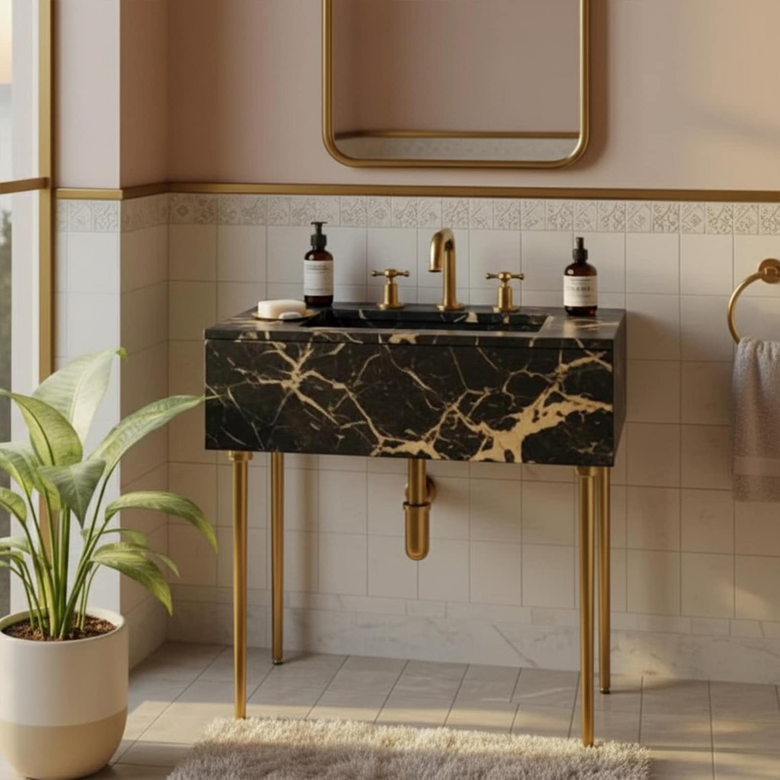 Luxury Bathroom Vanity – Picasso Marble Sink Basin Console With Brass ...