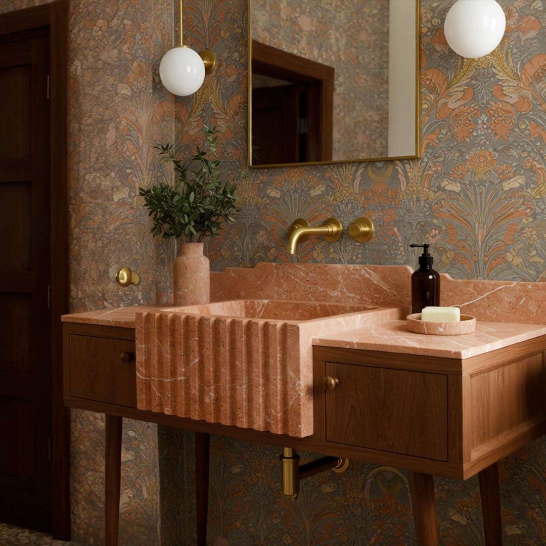 Fluted Marble Sink, Custom Marble Vanity With Wooden Base, Farmhouse ...