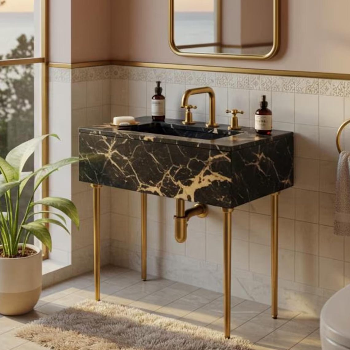 Luxury Bathroom Vanity – Picasso Marble Sink Basin Console With Brass ...