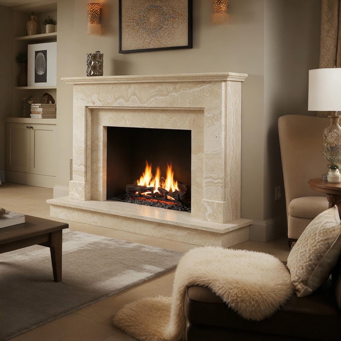 Luxury Cream Marble Fireplace Mantel – Handcrafted Travertine Stone ...