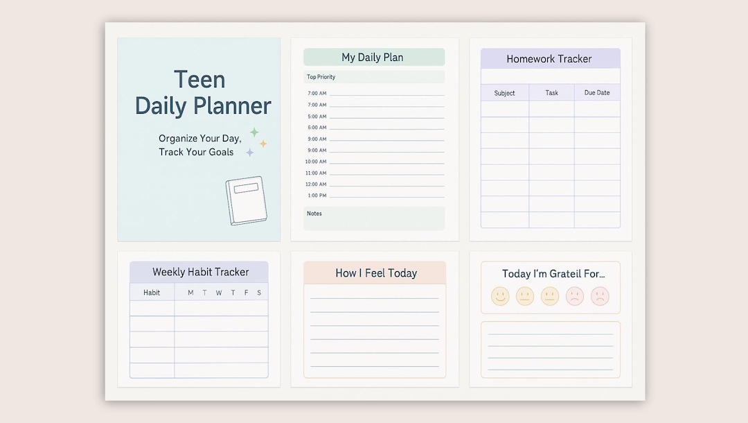 Teen Daily Planner Printable PDF – Habit Tracker, Homework Log, Workout ...