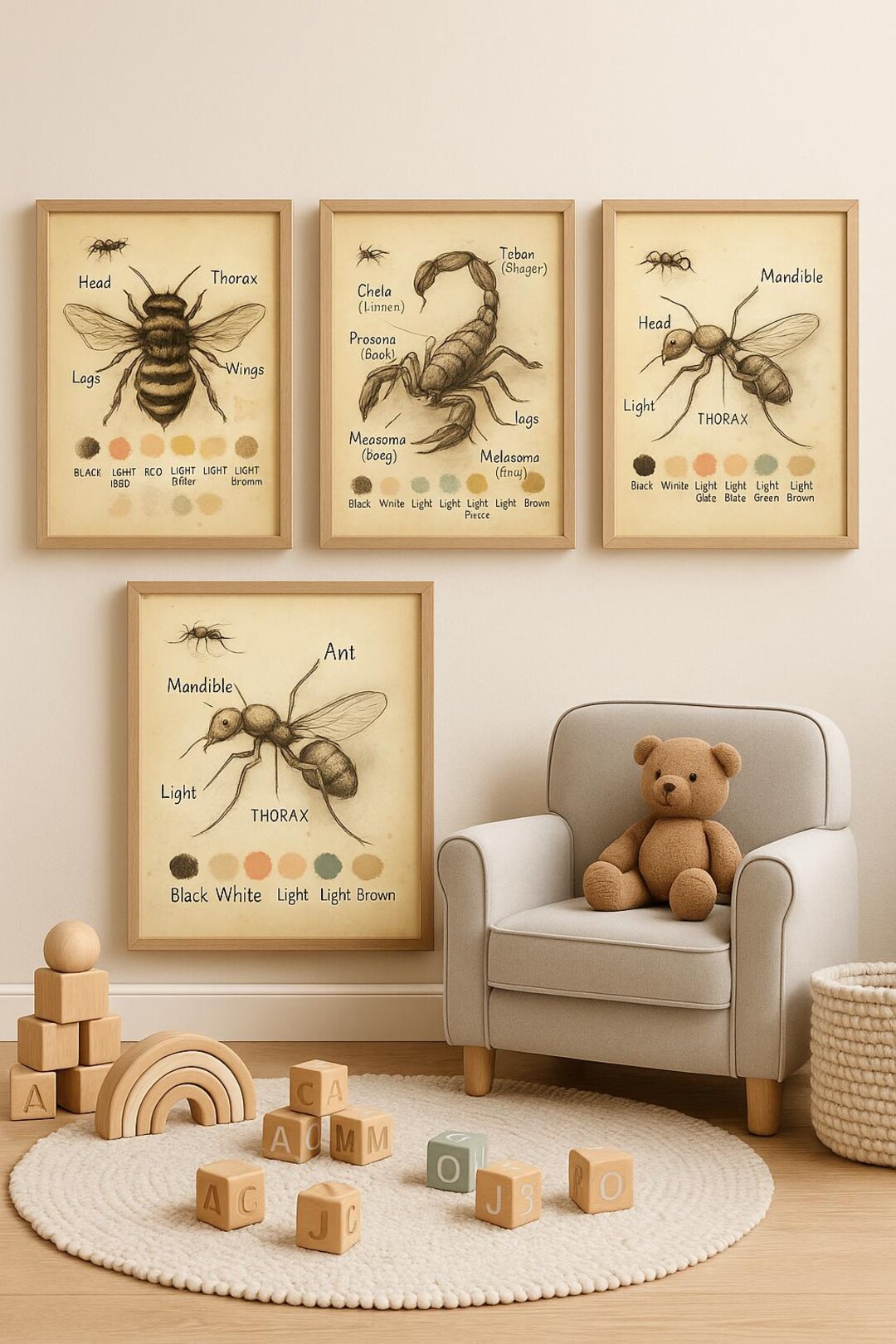 Insect Anatomy Wall Art Set of 4 | Vintage Bug Prints for Kids | Bee ...