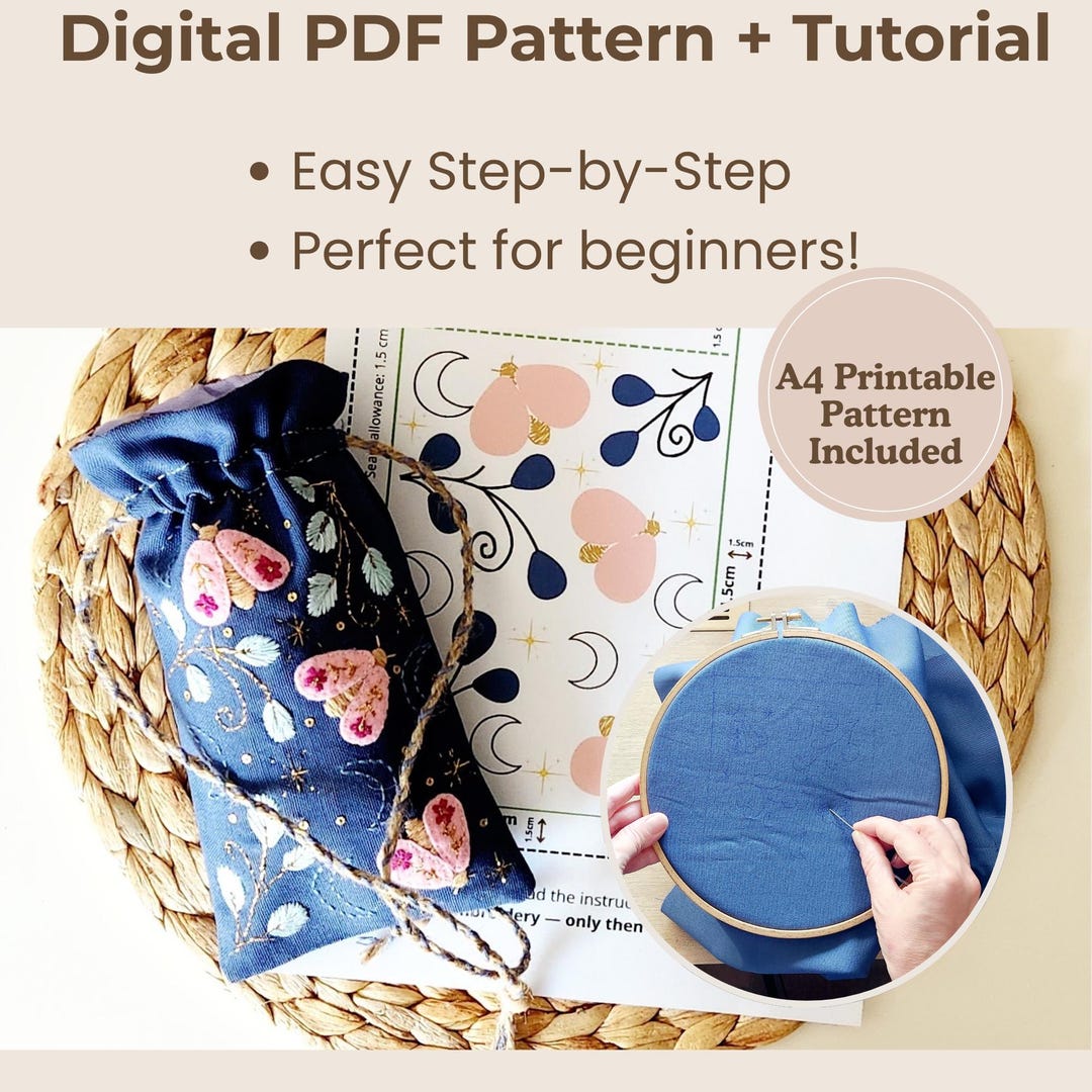 Embroidered Moth and Moon PDF Pattern Pouch – Hand Embroidery Design With Stars & Flowers ...