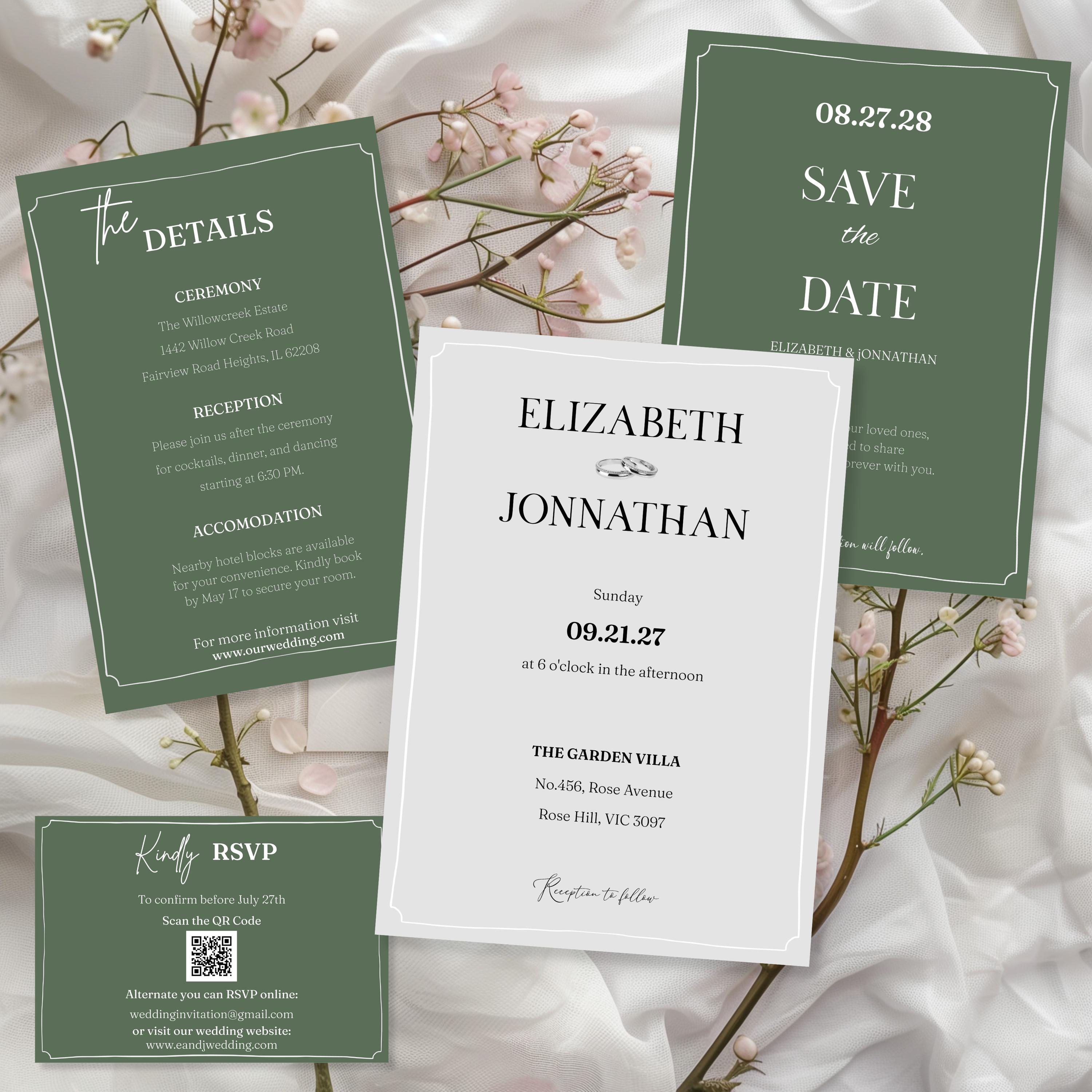 Olive Green Wedding Invitation Set: Minimalist Canva Template (digital ...
