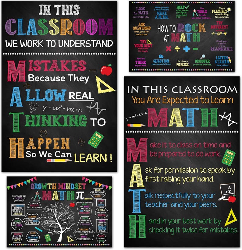 4PCS Math Posters for Classroom – Chalkboard Growth Mindset Set for K–8 ...