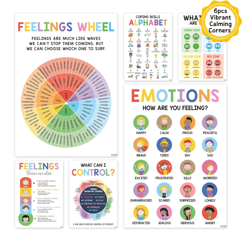 6pcs Calming Corner Poster Set – Feelings Chart, Mood Meter & Zones of ...