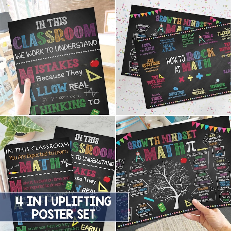 4PCS Math Posters for Classroom – Chalkboard Growth Mindset Set for K–8 ...