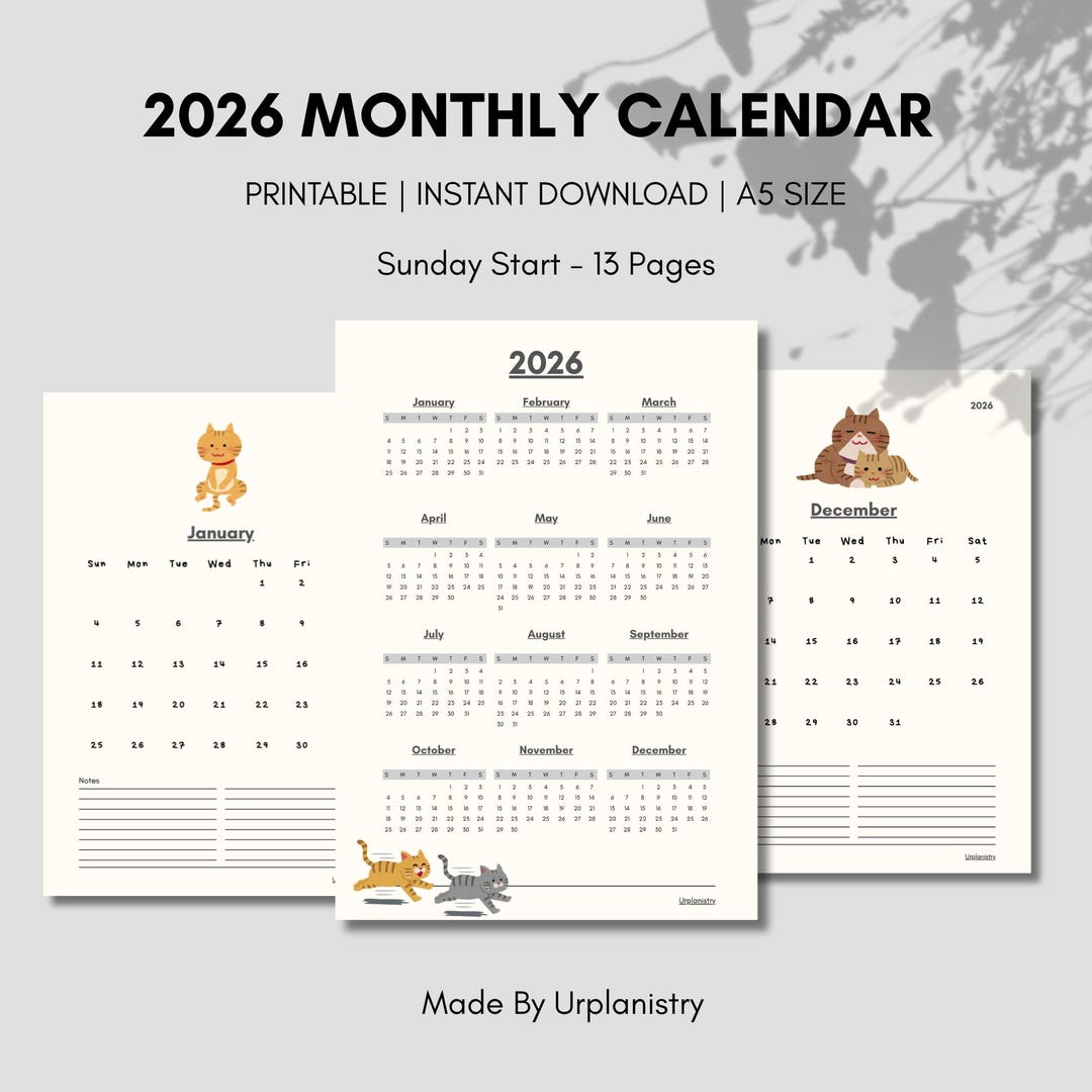 Printable Calendar 2026 A5 | Minimalist Cat Calendar | Clean Monthly ...