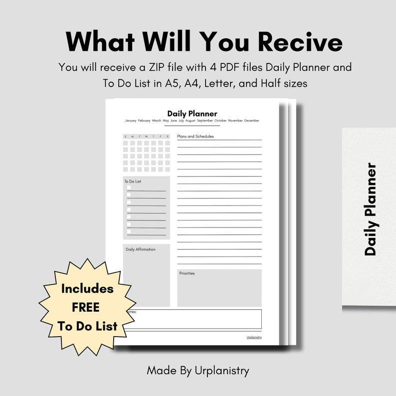 Minimalist Daily Planner Printable: A5 A4 Letter and Half Sizes (PDF ...