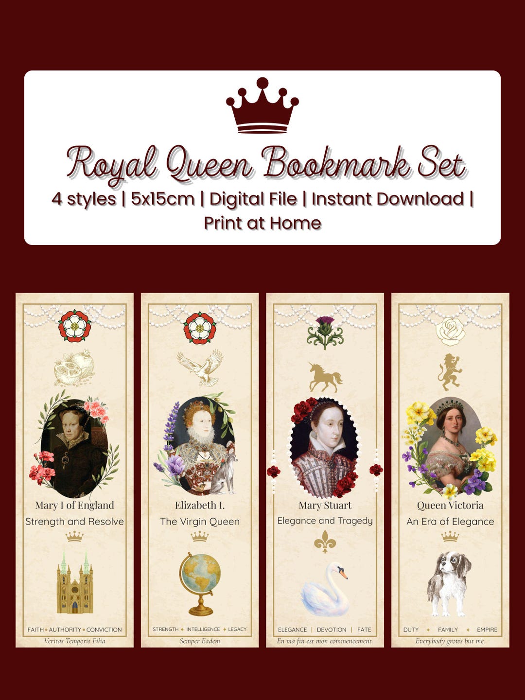 Royal Queens Bookmark Set | Queen Victoria Elizabeth I Mary Stuart Mary ...