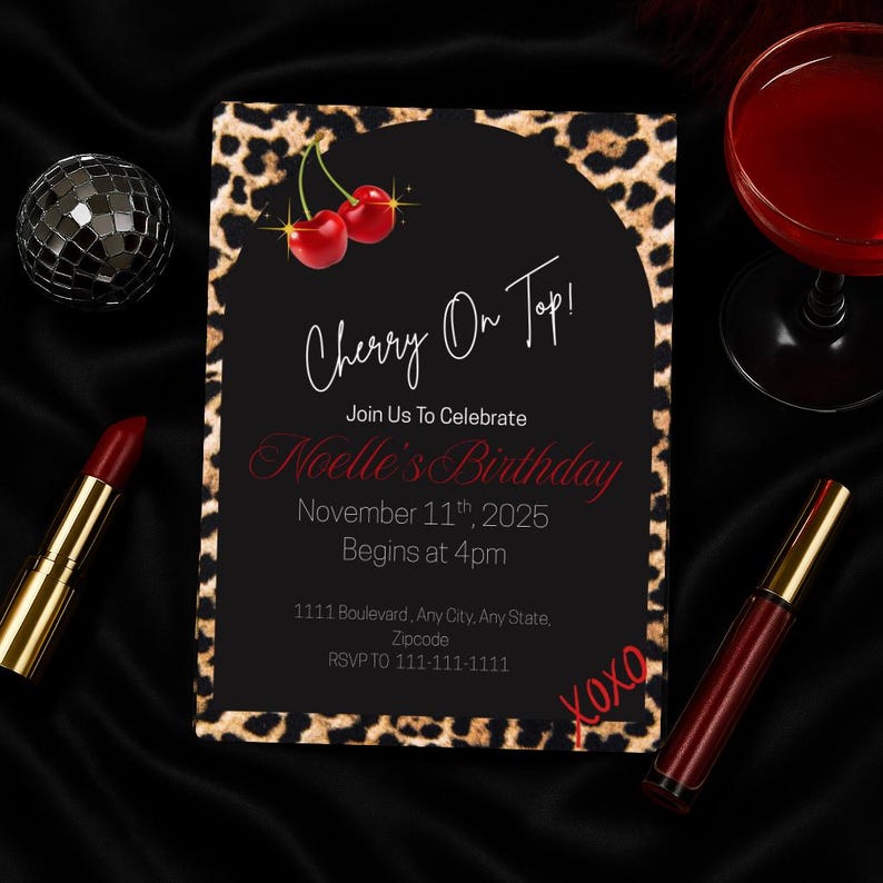 Cherry on Top Birthday Invitation | Leopard Digital Invite | Editable ...