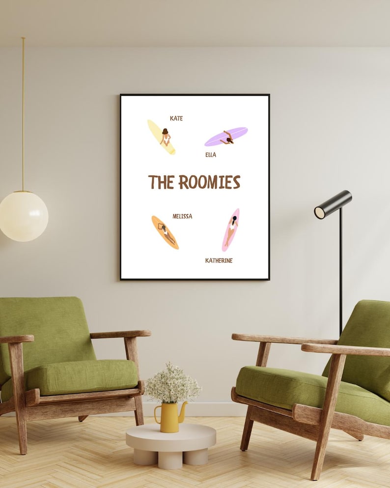 Roommate Poster With Surfer Girls | Custom Names Wall Art | Dorm Gift ...