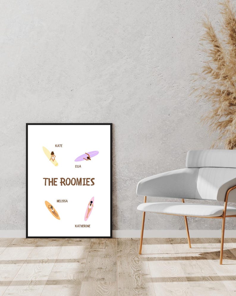 Roommate Poster With Surfer Girls | Custom Names Wall Art | Dorm Gift ...