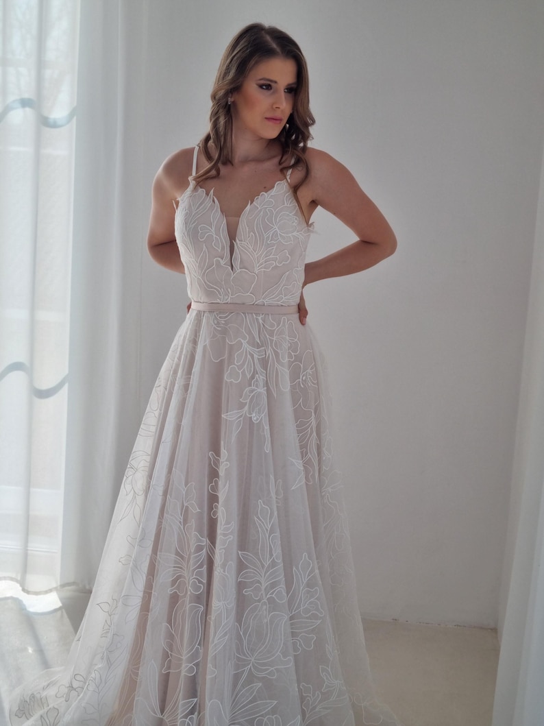 SUNNY Spaghetti Straps Full Lace Floral Flower Pattern Wedding Dress - Etsy