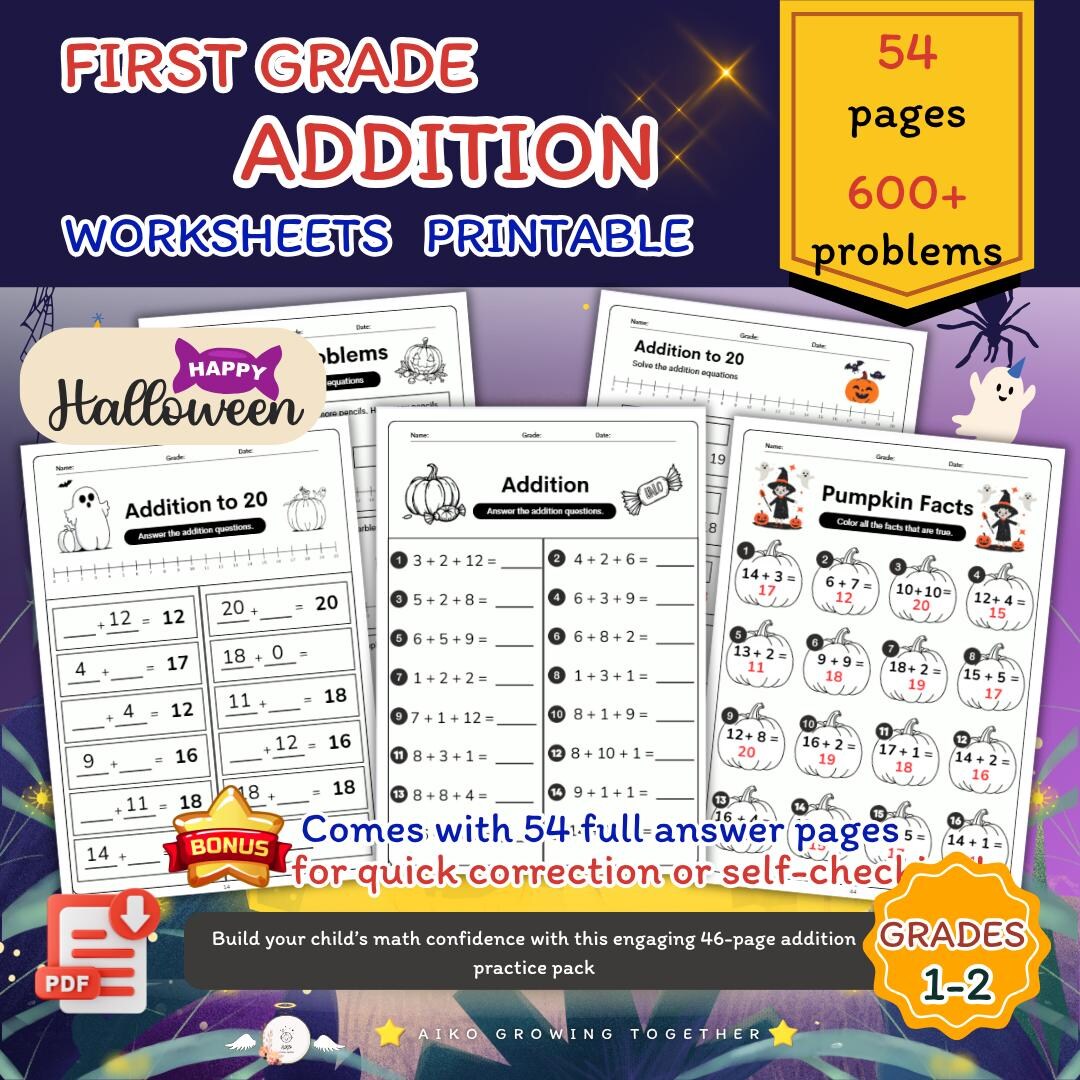 Halloween Math Worksheets Printable Pack 600 Problems - First Grade ...