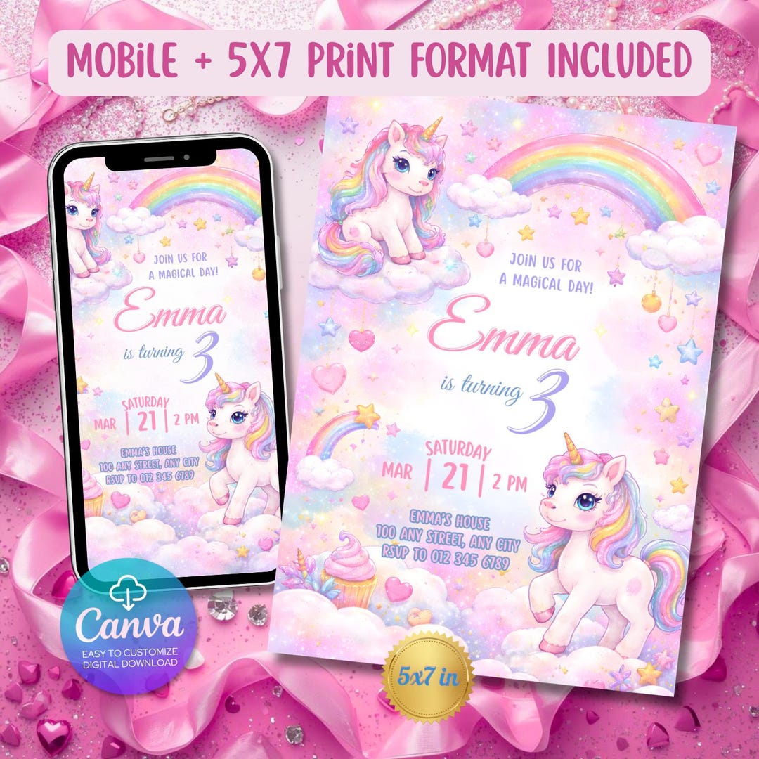 Editable Unicorn Birthday Invitation Canva Template Rainbow Fairytale ...