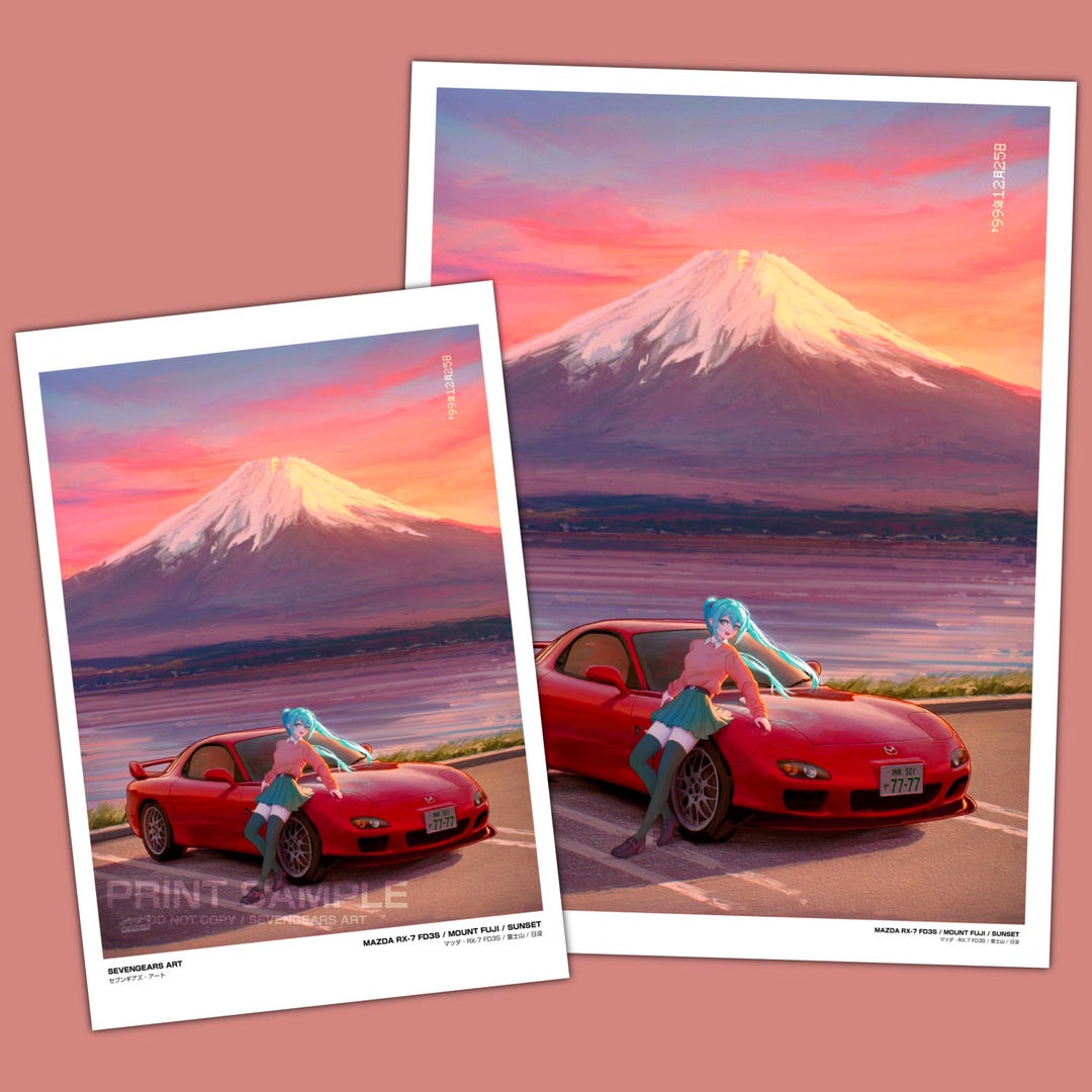 Hatsune Miku + Mazda RX7 FD + Mt. Fuji | Anime Car Art Print Poster ...