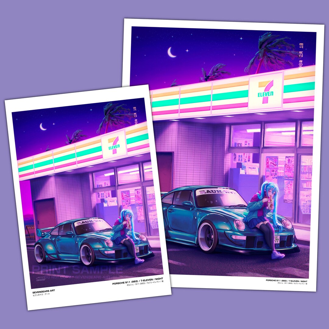 Hatsune Miku + RWB Porsche 911 (993) + Konbini | Anime Car Art Print ...