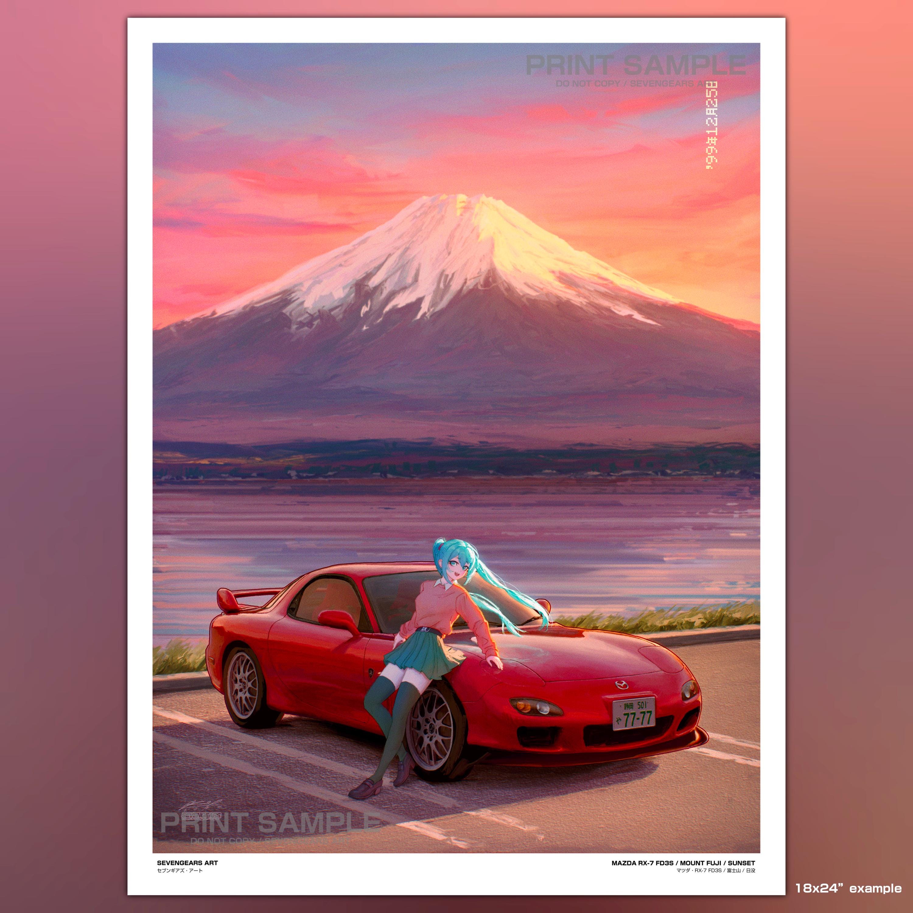 Mazda RX7 FD + Hatsune Miku + Mt. Fuji | Art Print | 5x7" / 13x19 ...